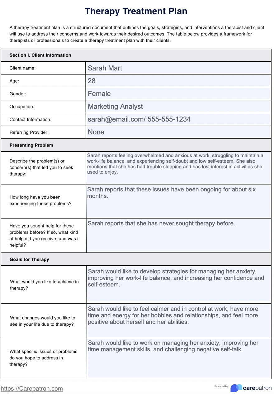 Therapy Treatment Plan Example Free PDF Download